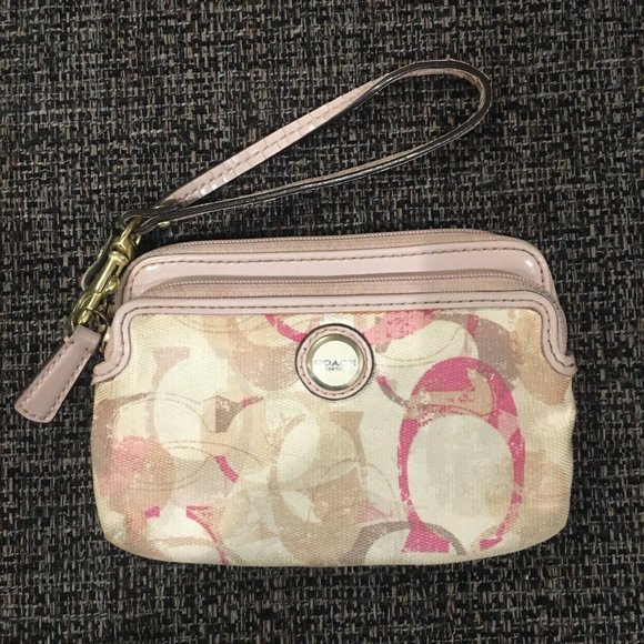 Coach | Bags | Coach Tan Pink Patent Leather Canvas Logo Signature ...